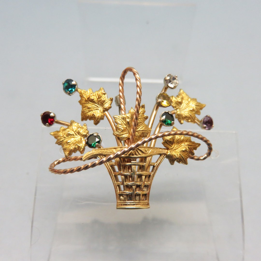 Krementz Rhinestone and Yellow Gold Filled Flower Basket Pin, Vintage ...