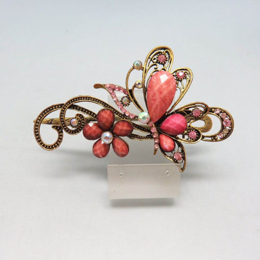 Vintage Big Rose Pink Lucite Butterfly Hair Clip, Rhinestones - Etsy