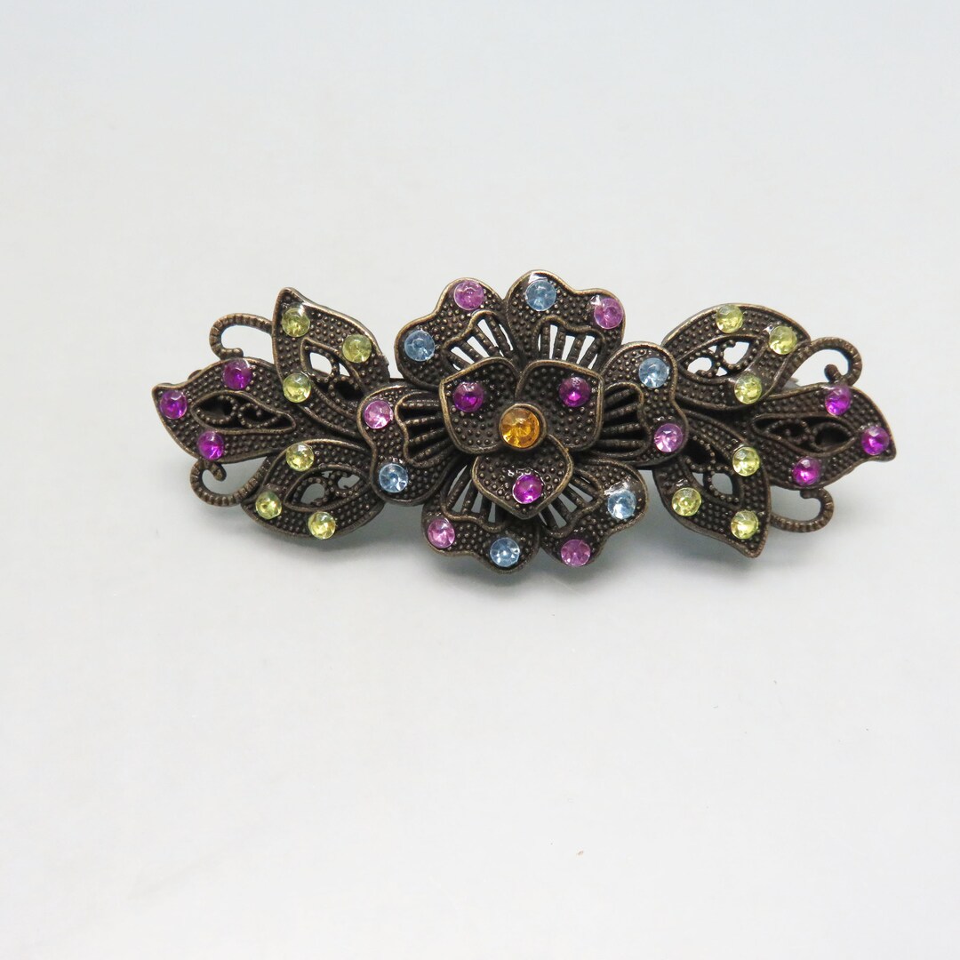 Vintage Dark Gold Hair Barrette, Gemstone Colored Rhinestones - Etsy