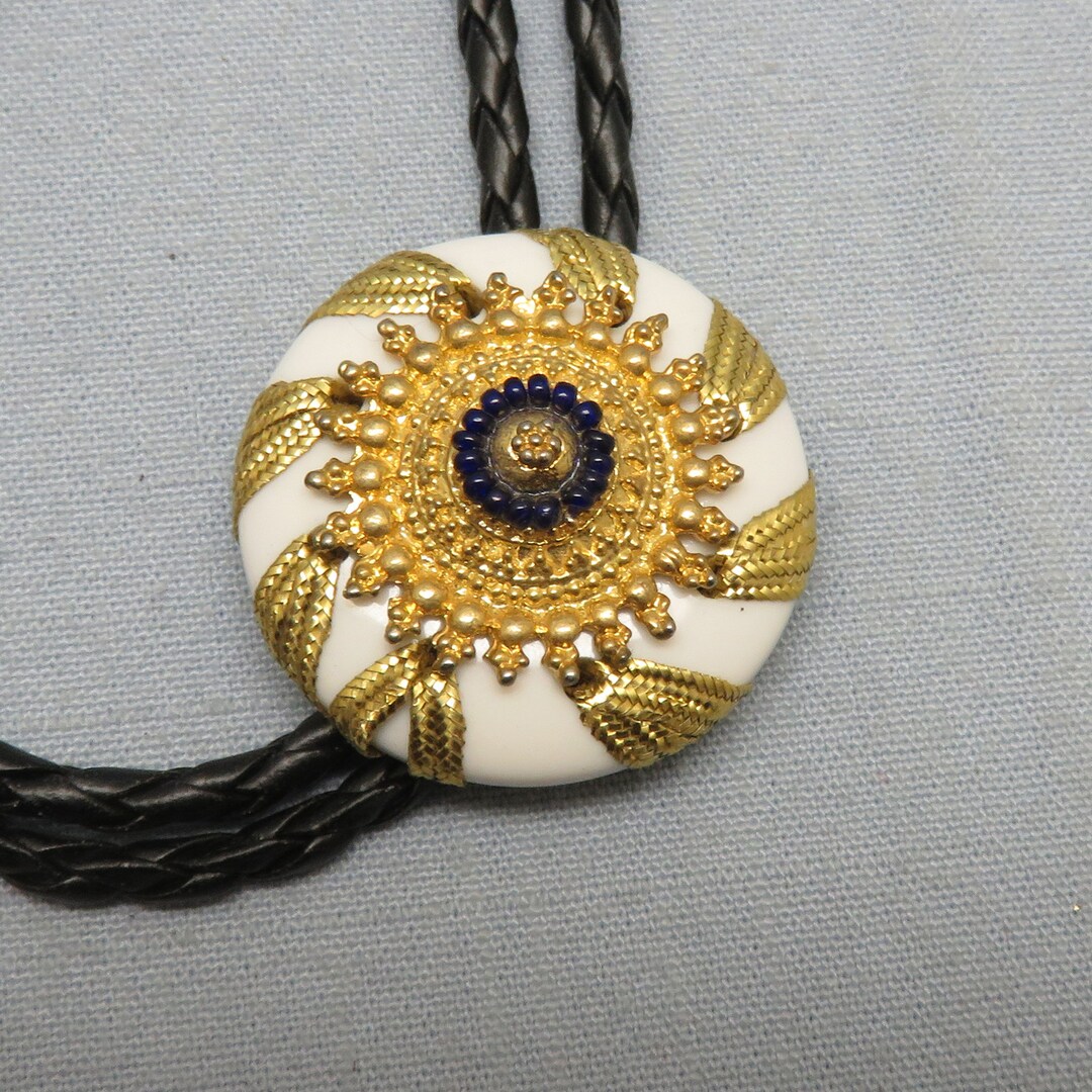 Vintage White and Gold Button Bolo Slide, Handmade Bolo, One of A Kind ...
