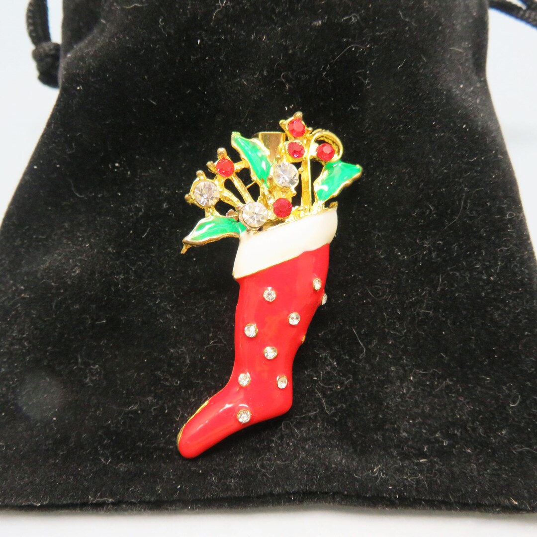 Vintage Christmas Stocking Pin, Enamel and Rhinestones - Etsy
