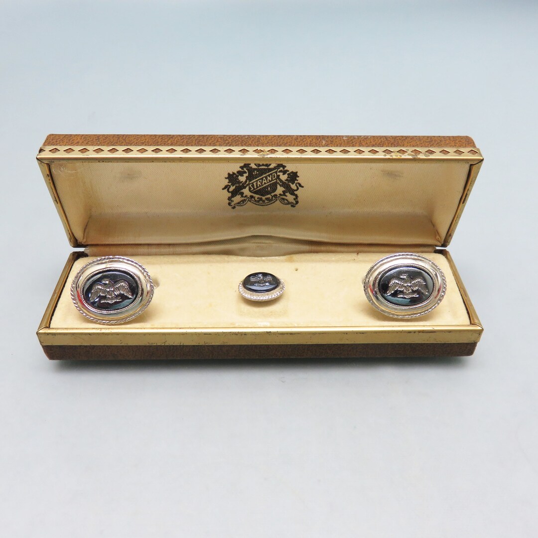 1960 Hematite Intaglio Eagle Cuff Links and Tie Tack Set, Swank Brand ...