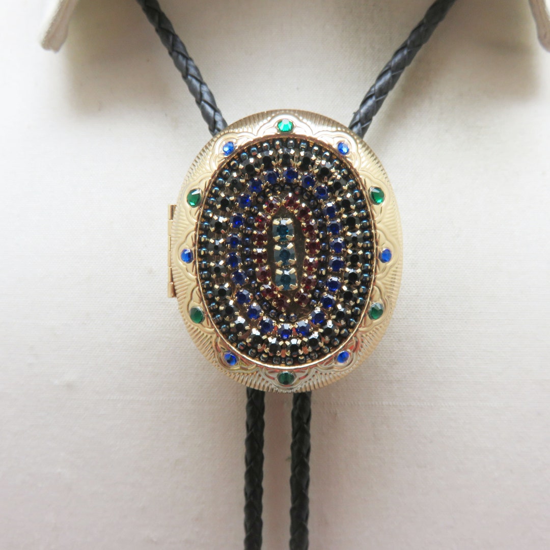 Golden Locket Bolo Tie, Colorful Rhinestone Bolo Tie, Handmade, - Etsy