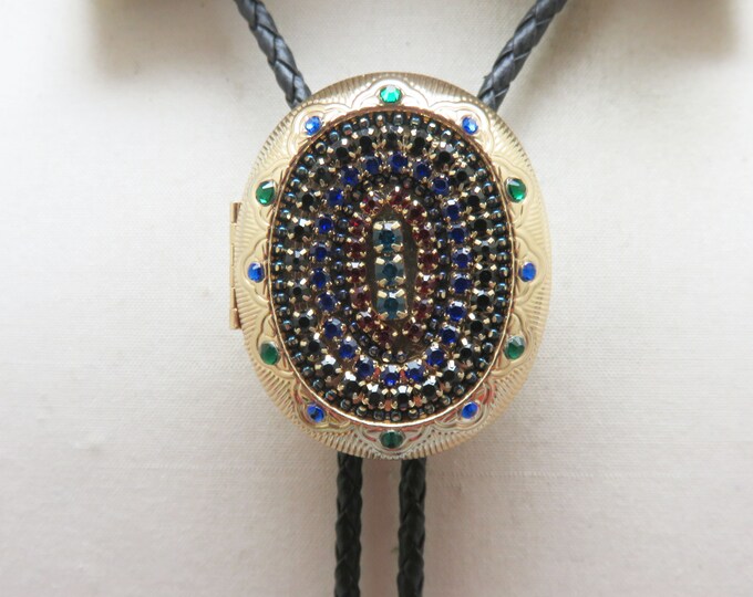 Golden Locket Bolo Tie, Colorful Rhinestone Bolo Tie, Handmade, - Etsy