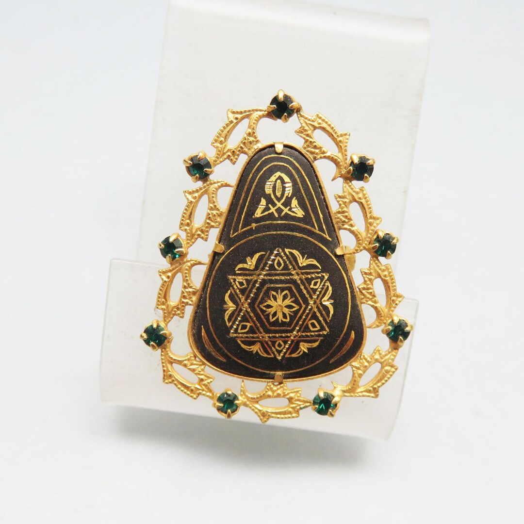 Damascene Enamel Jewish Star Brooch, Vintage Brooch, Teal Green ...