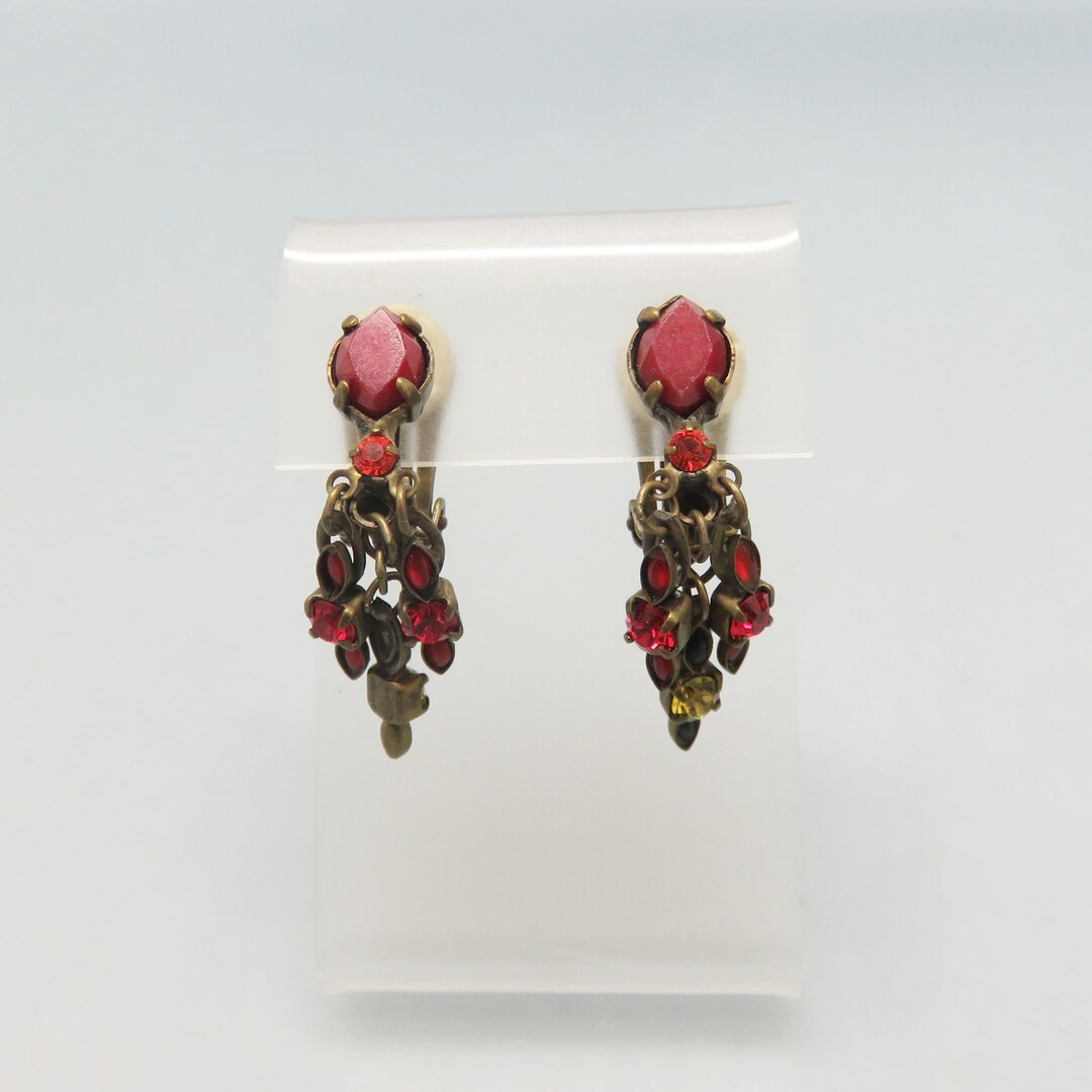 Vintage Sorrelli Red Rhinestone Drop Earrings, - Clip Ons - Etsy