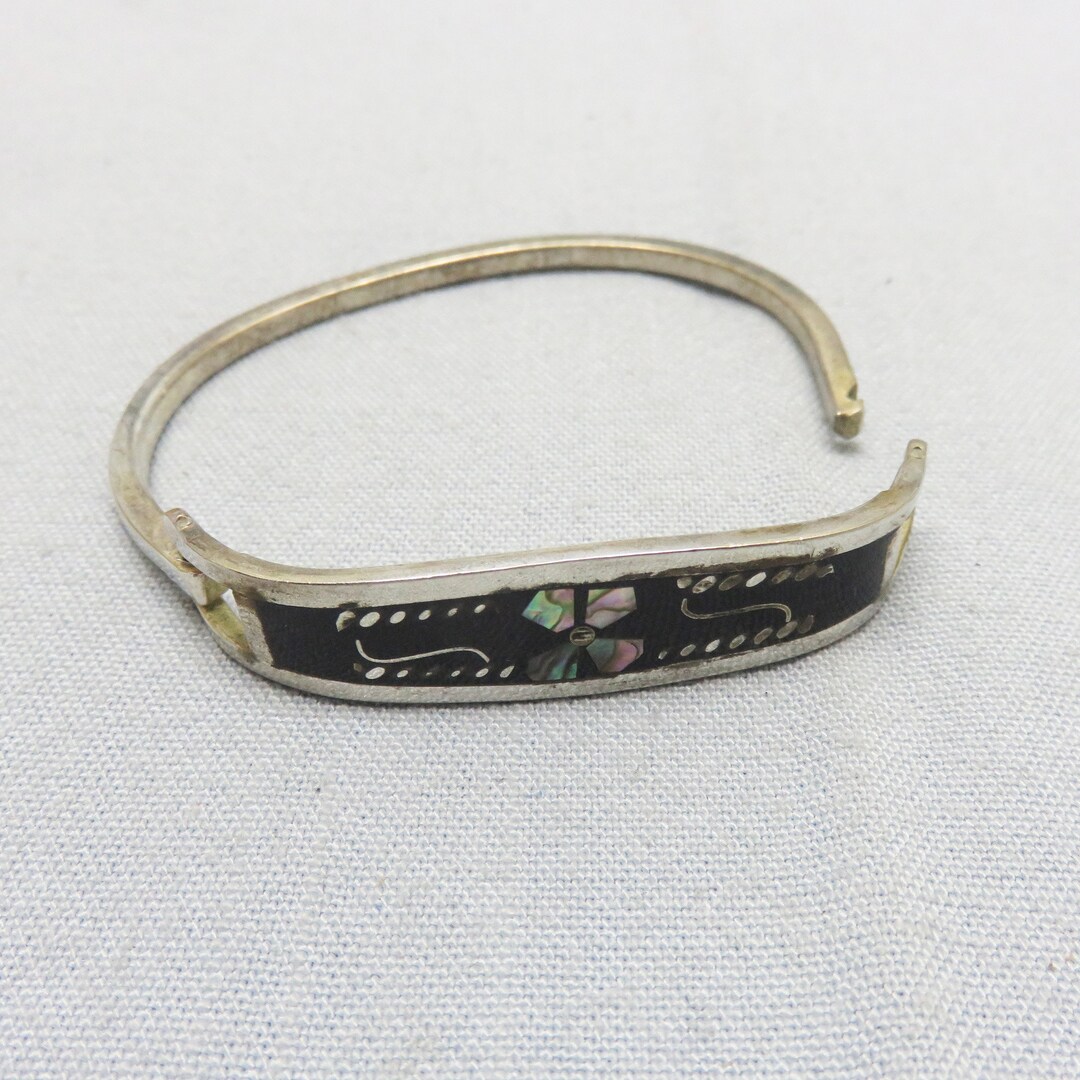Vintage Alpaca Bangle Bracelet: Abalone Flower, Black Enamel Inlay - Etsy