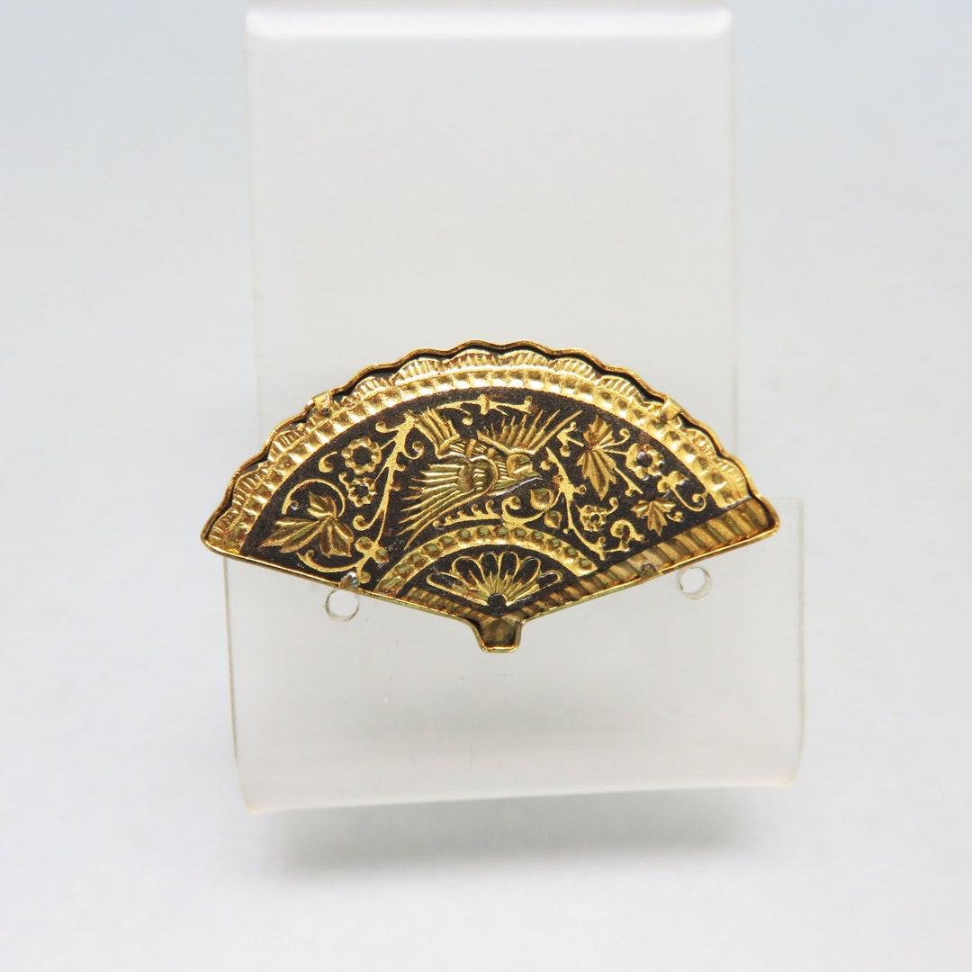 Vintage Damascene Enamel Gold Plated Fan Pin, 22KT Gold - Etsy