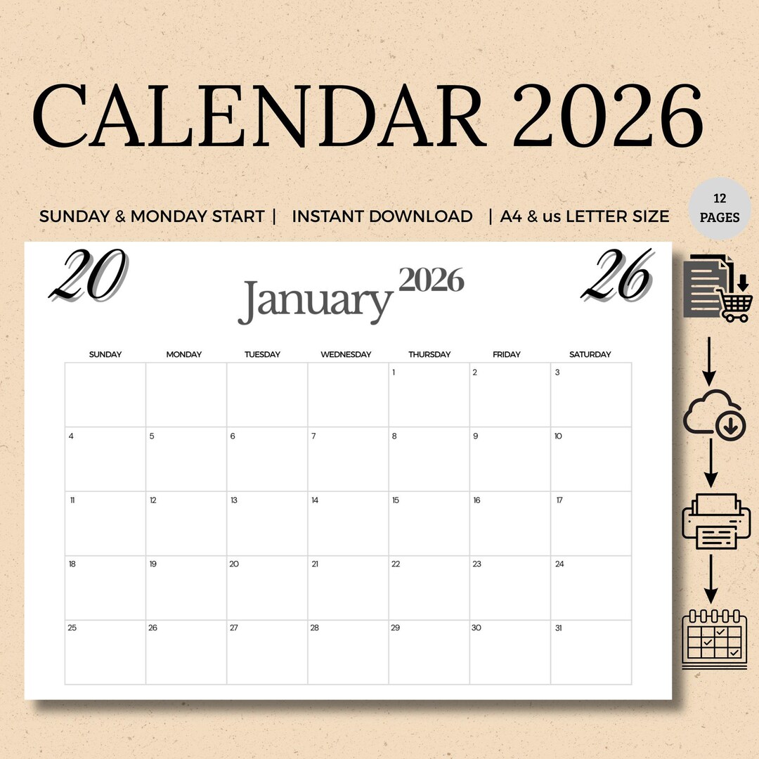 Printable 2026 Calendar | Minimalist Monthly Planner | Digital Calendar ...
