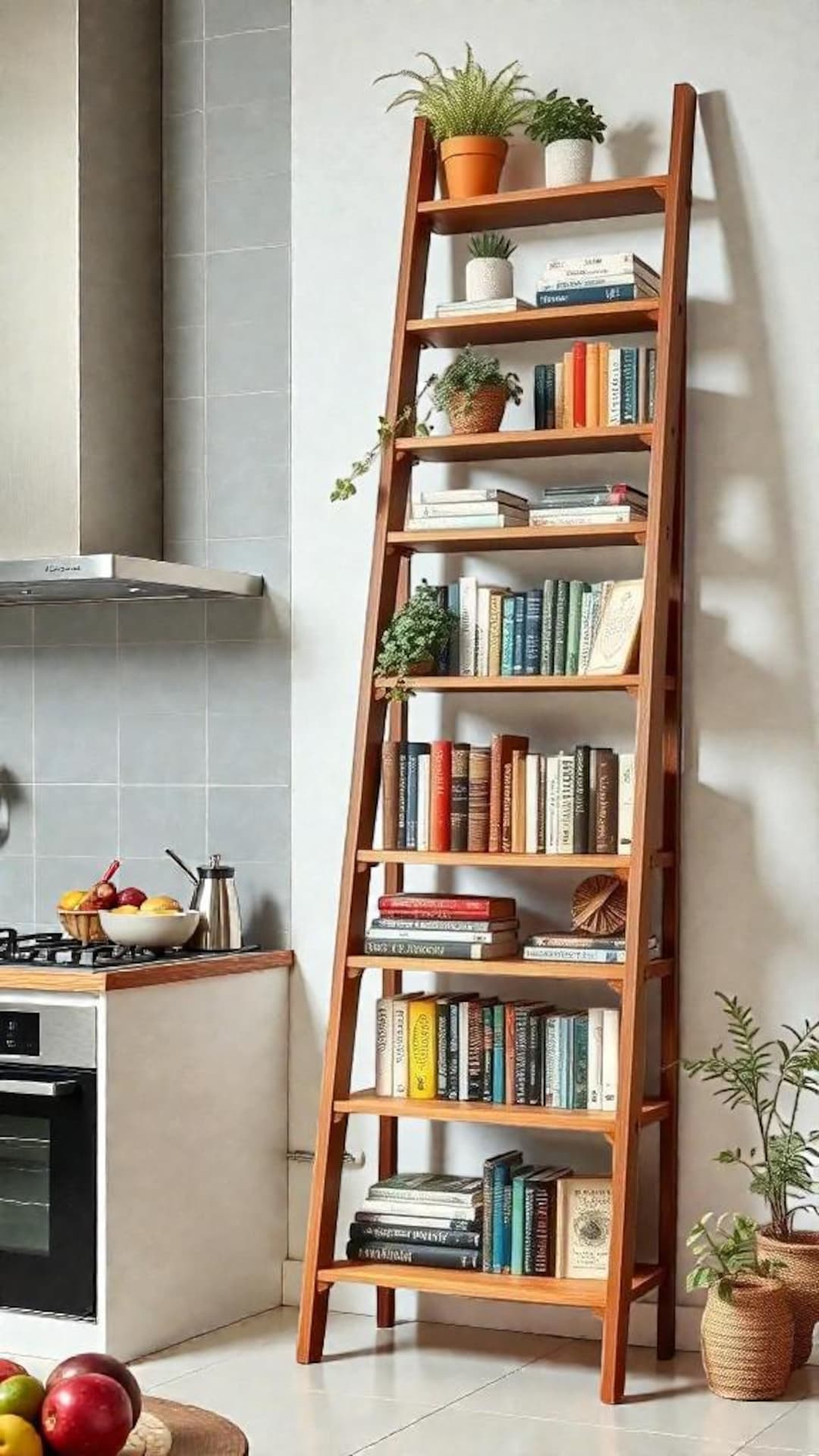 Bookshelf Handcrafted Teak Wood Rustic Ladder Bookshelf for Cozy and ...