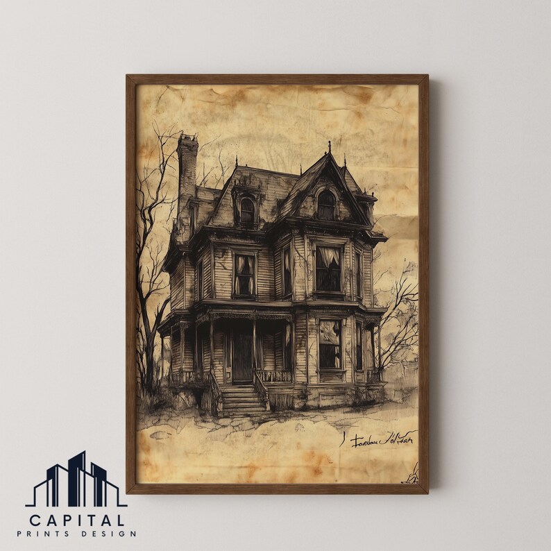 Vintage Haunted House Printable - Antique Pen and Ink Drawing, Rustic ...
