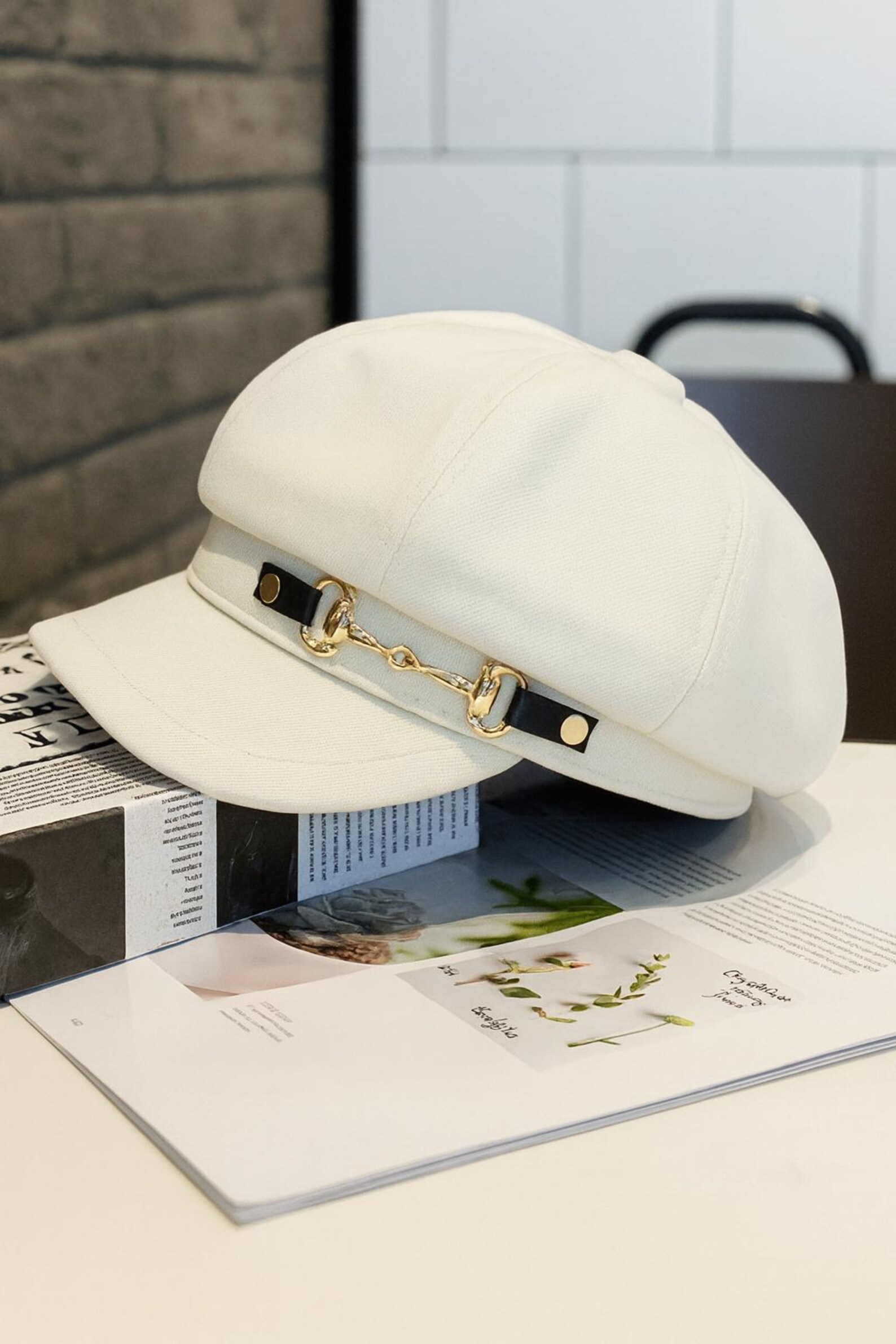 Octagonal Newsboy Hat / Painter’s Cap – Beige Gold Accent, Spring ...