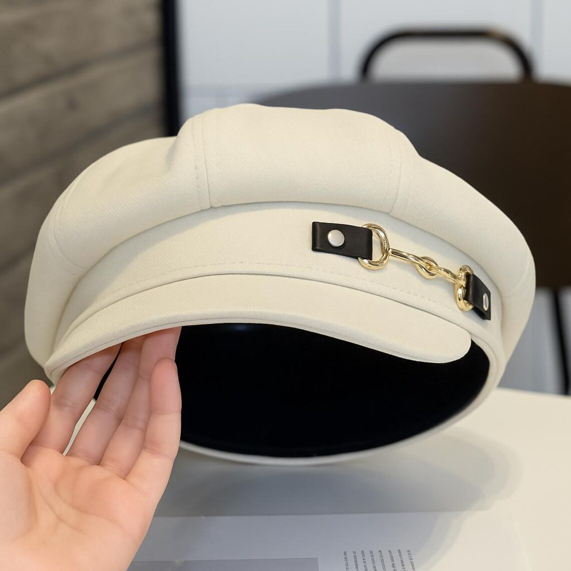 Octagonal Newsboy Hat / Painter’s Cap – Beige Gold Accent, Spring ...