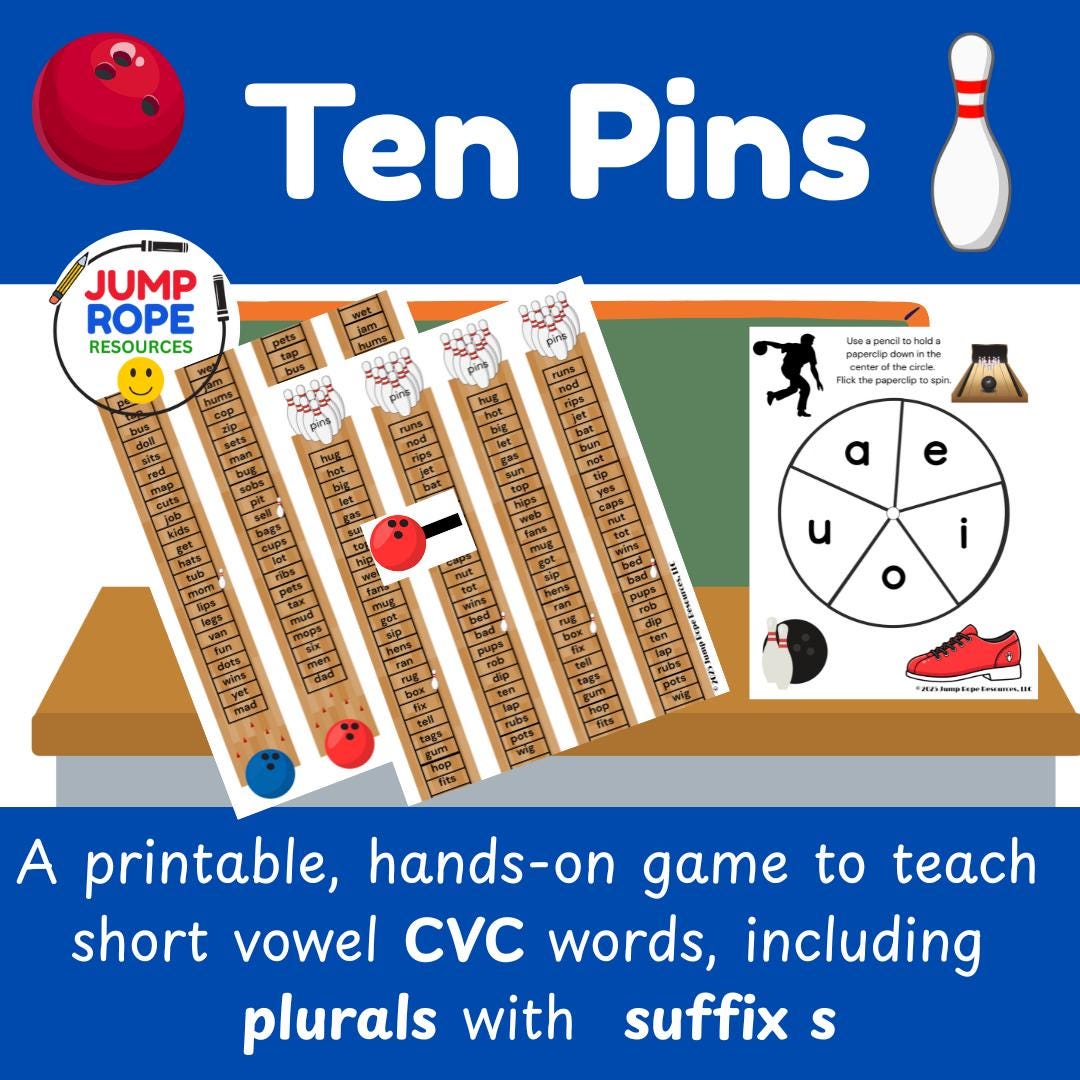 Ten Pins Printable Game to Practice Reading Short Vowel CVC Words ...