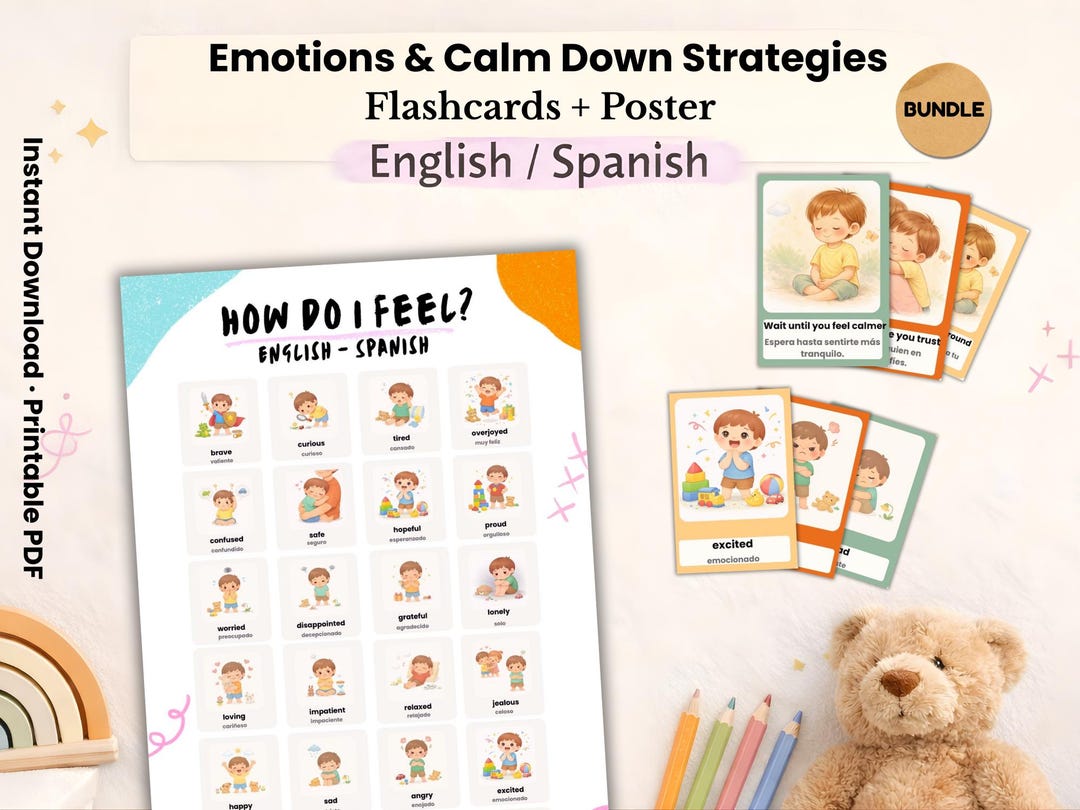 Bilingual Calm Corner Feelings Flashcards & Poster | English Spanish ...