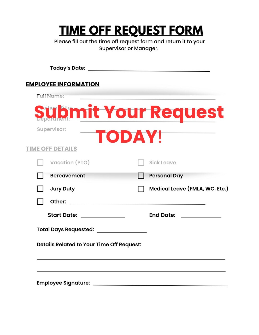 Holiday Time-off Fillable PTO Request Form for Employees - Etsy