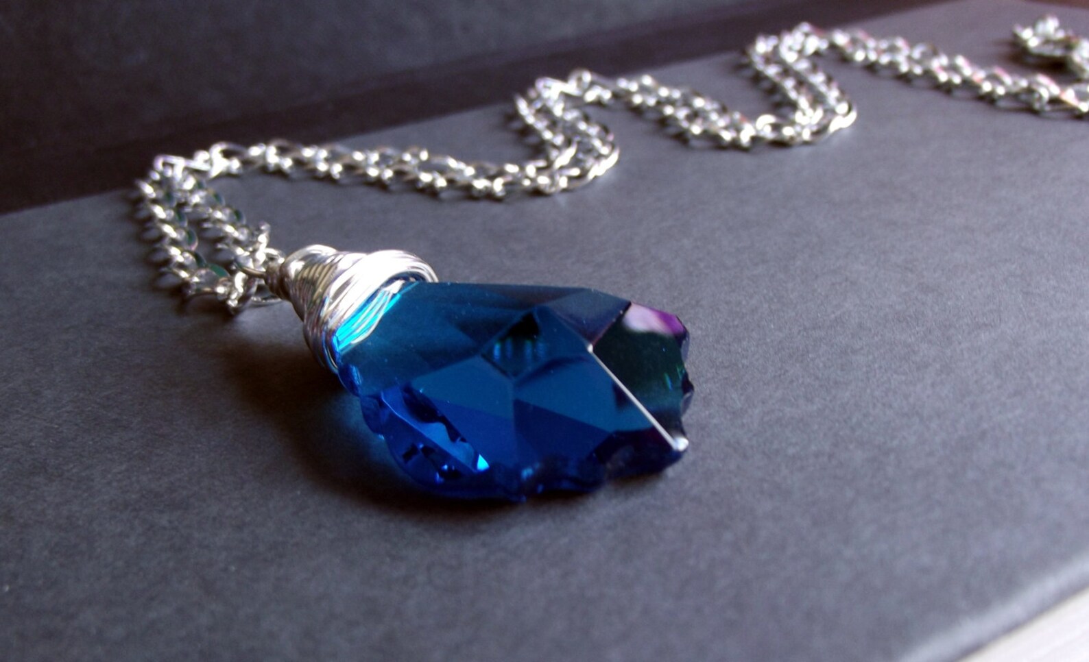 Large Blue Crystal Necklace: Extra Long Silver Chain Necklace - Etsy