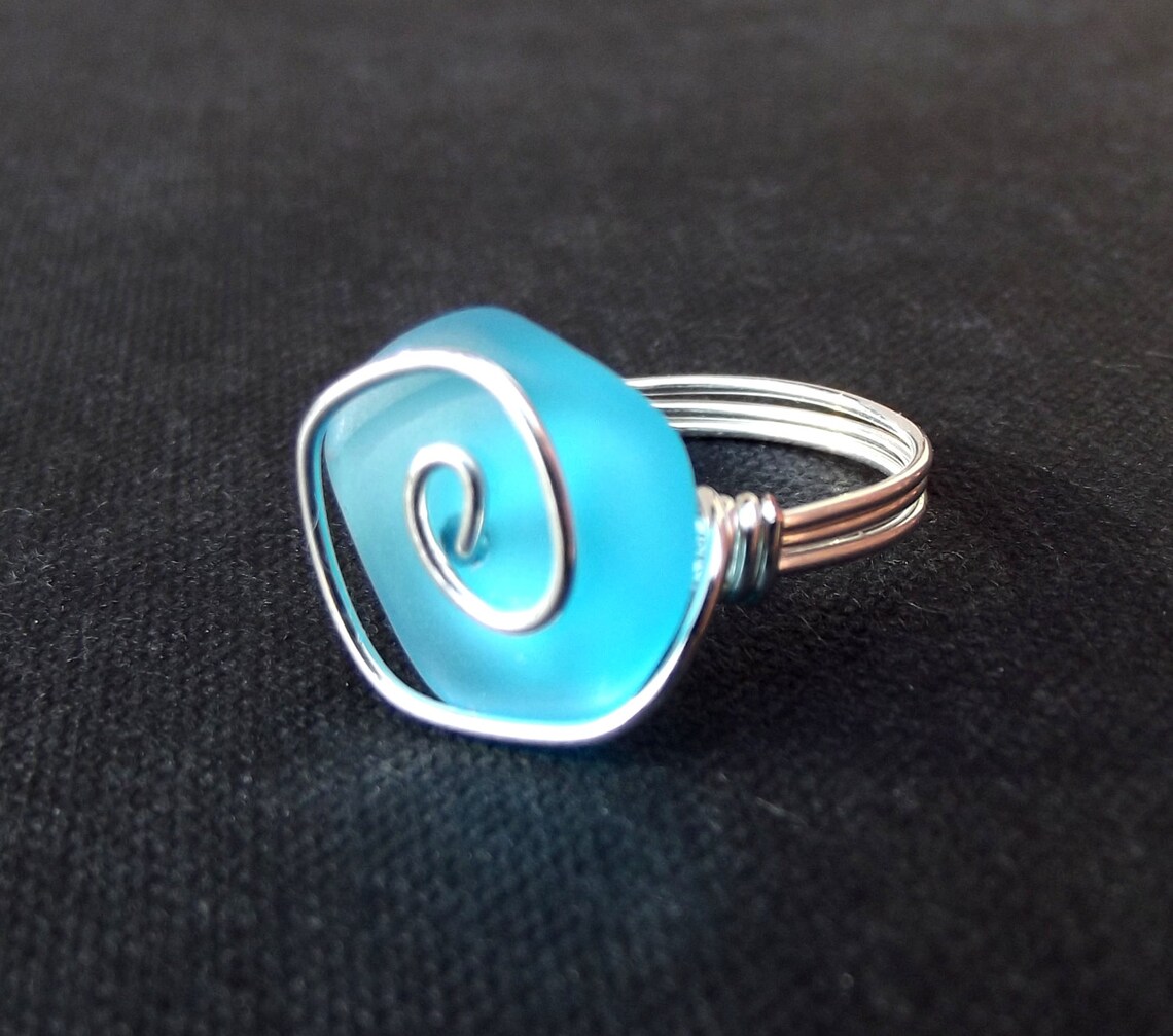 Deepest Ocean Blue Ring: Fine Silver Swirl Ring, Wire Wrapped Sea Glass ...