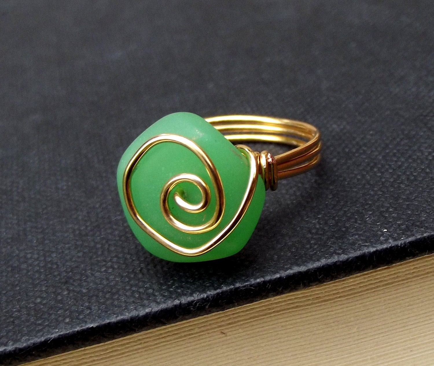 Spring Green Seaglass Ring: 24K Gold Swirl Spiral Wire Wrapped - Etsy