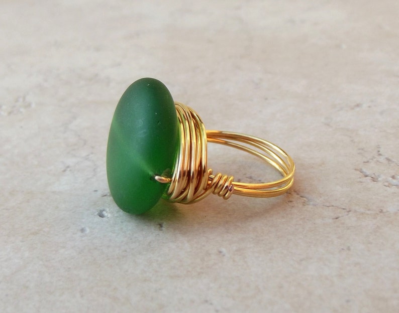 Dark Green Sea Glass Ring: 24K Gold Wire Wrapped Beach | Etsy