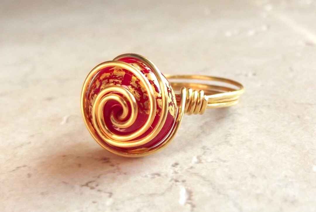 Red & Gold Ring: 24K Gold Leaf Spiral Wire Wrapped Jewelry, Cherry Red ...