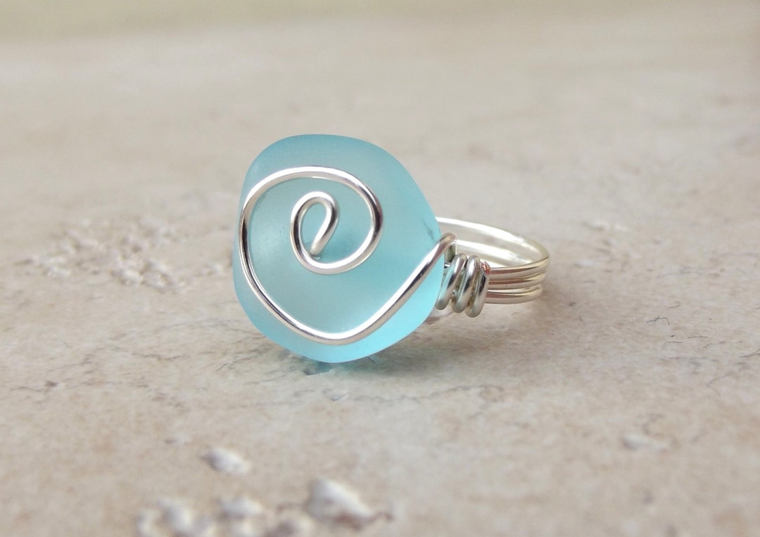 Ocean Blue Sea Glass Ring: Silver Wire Wrapped Turquoise Blue Beach ...