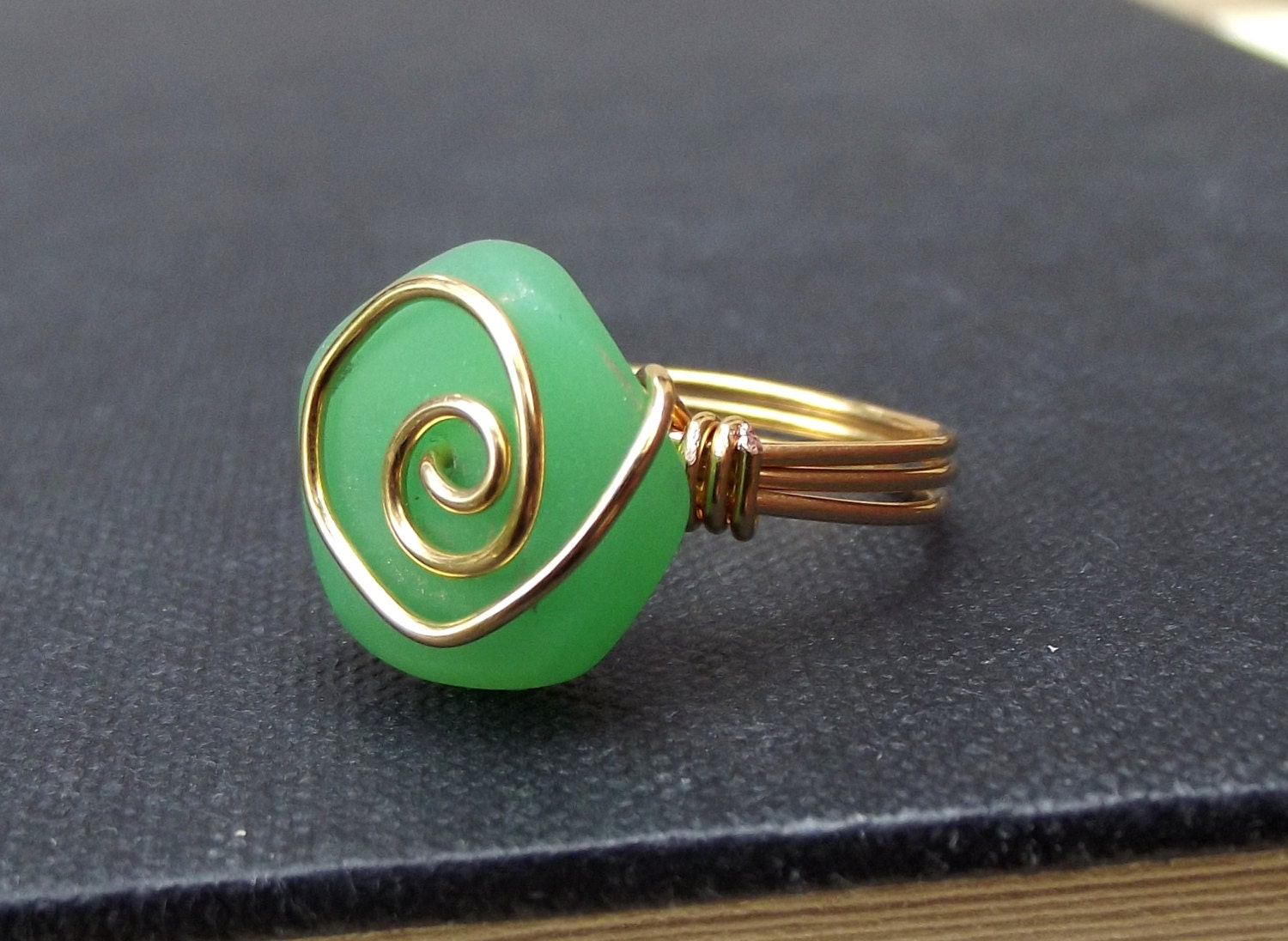 Spring Green Seaglass Ring: 24K Gold Swirl Spiral Wire Wrapped - Etsy