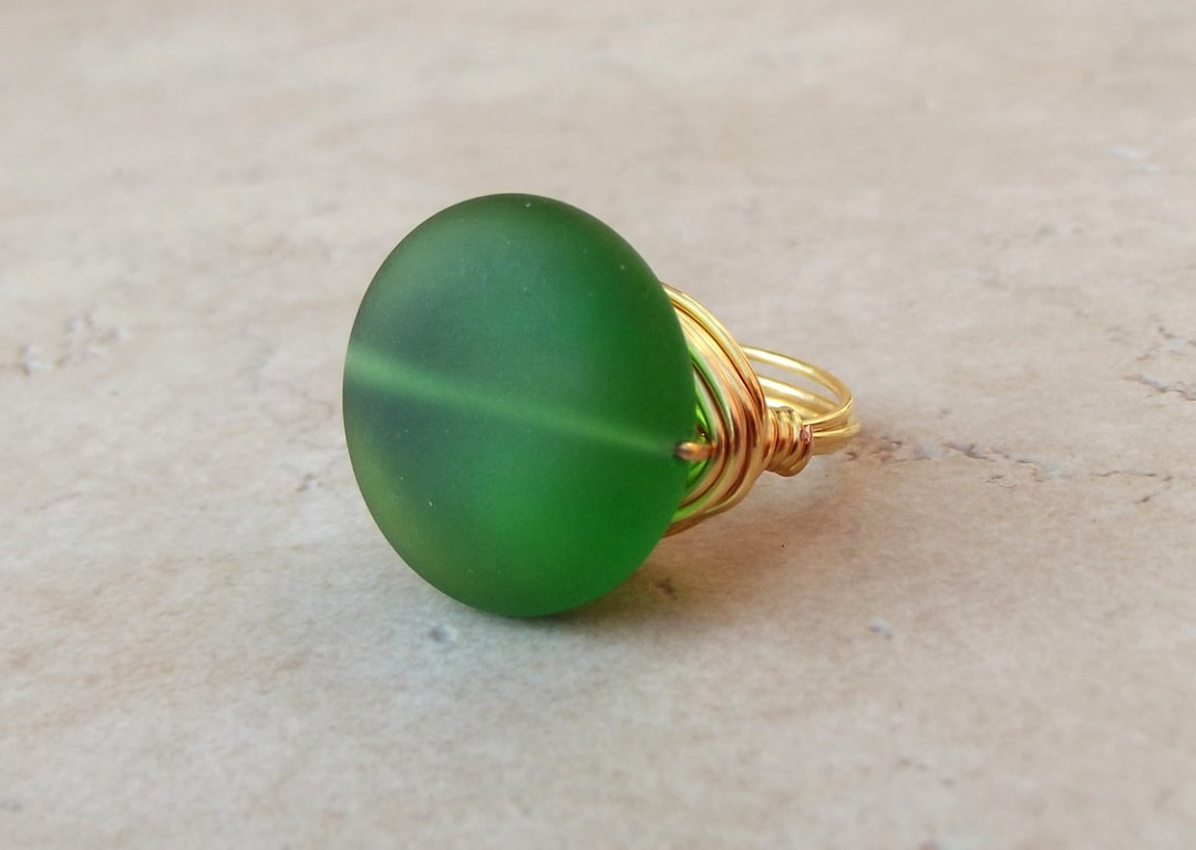Dark Green Sea Glass Ring: 24K Gold Wire Wrapped Beach - Etsy
