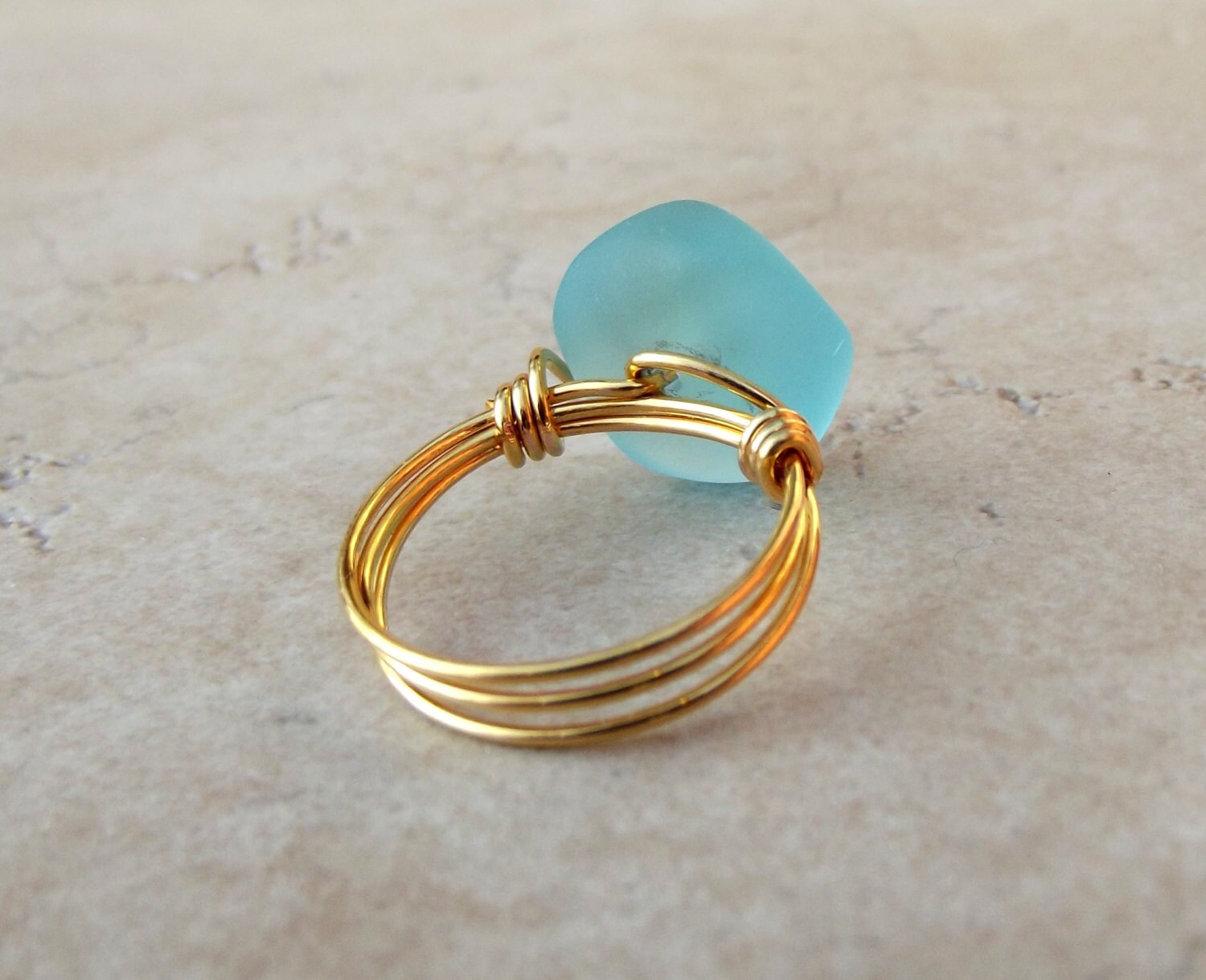 Ocean Blue Sea Glass Ring: 24K Gold Spiral Wire Wrapped Beach Jewelry ...