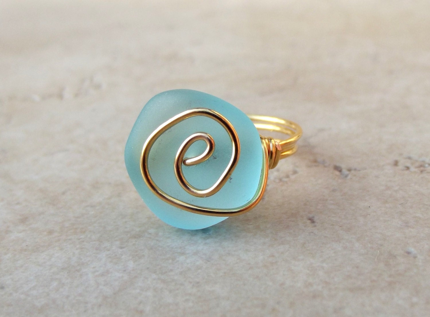 Ocean Blue Sea Glass Ring: 24K Gold Spiral Wire Wrapped Beach - Etsy