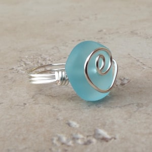 Ocean Blue Sea Glass Ring: Silver Wire Wrapped Turquoise Blue Beach ...