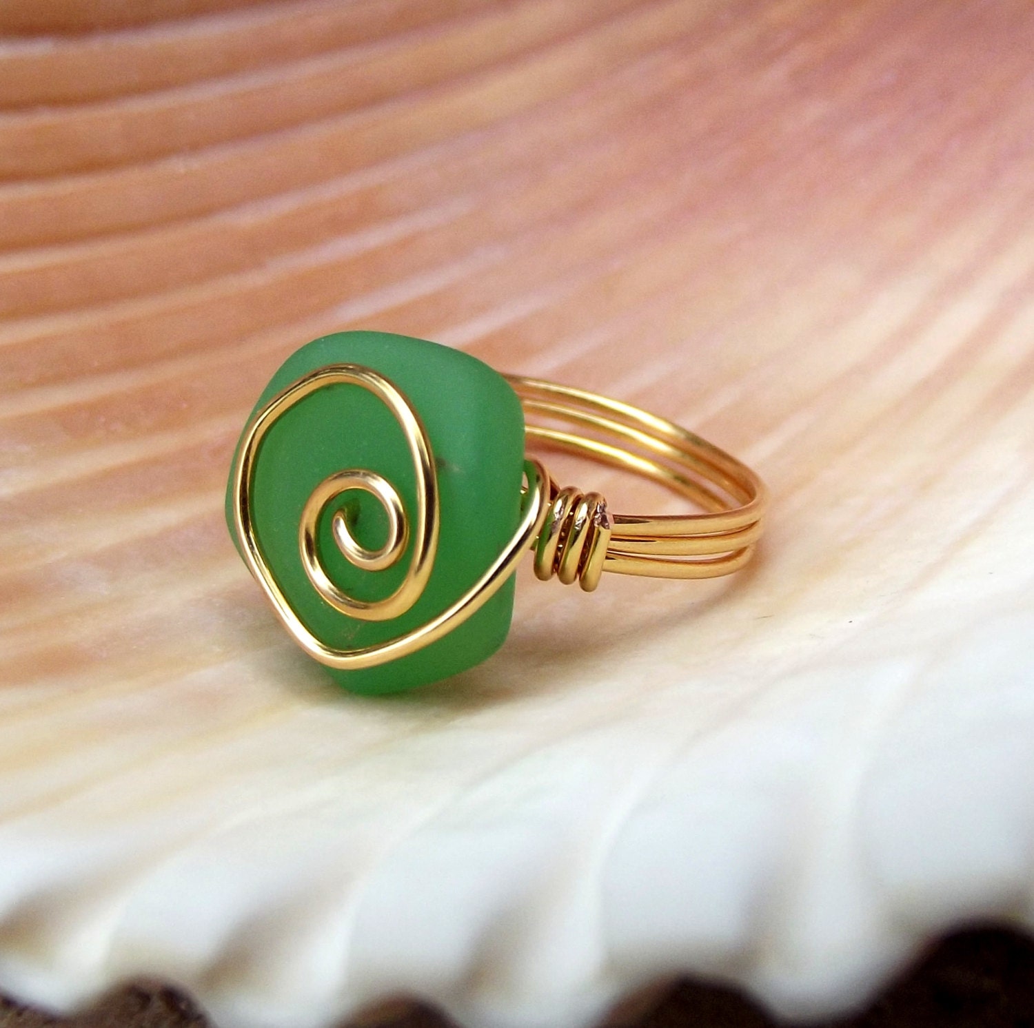 Spring Green Seaglass Ring: 24K Gold Swirl Spiral Wire Wrapped - Etsy