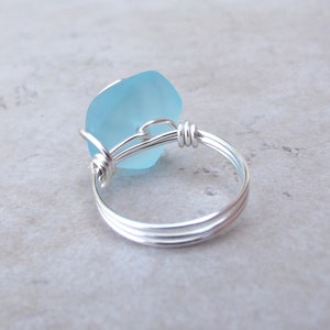 Ocean Blue Sea Glass Ring: Silver Wire Wrapped Turquoise Blue Beach ...