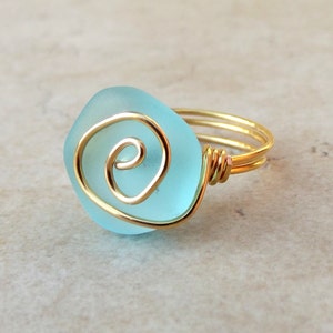 Ocean Blue Sea Glass Ring: 24K Gold Spiral Wire Wrapped Beach Jewelry ...