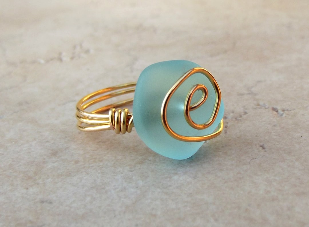Ocean Blue Sea Glass Ring: 24K Gold Spiral Wire Wrapped Beach Jewelry ...