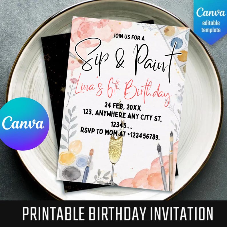 Sip and Paint Party Invitation,editable Paint & Sip Party Invite,wine ...