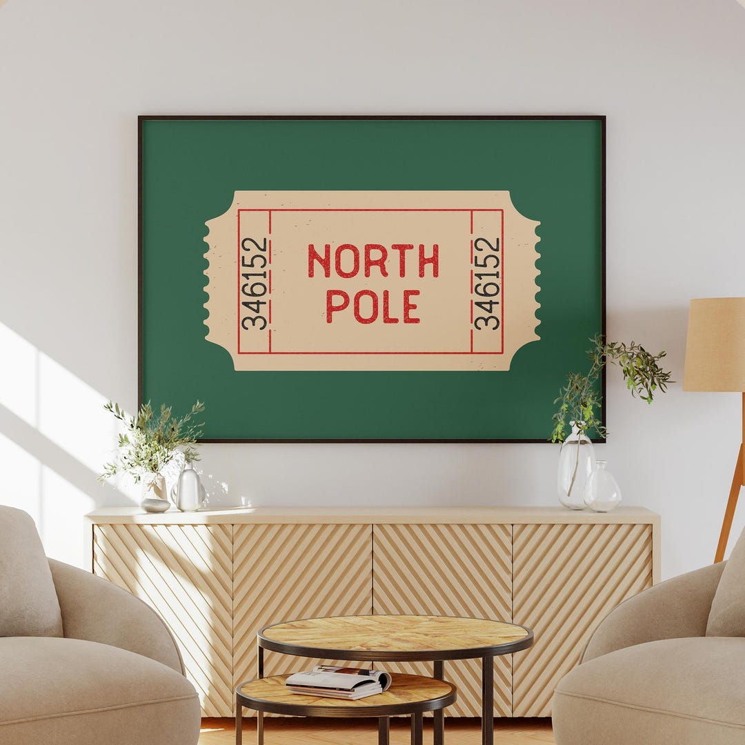 North Pole Ticket One, Green Christmas Decor, Printable Wall Art ...