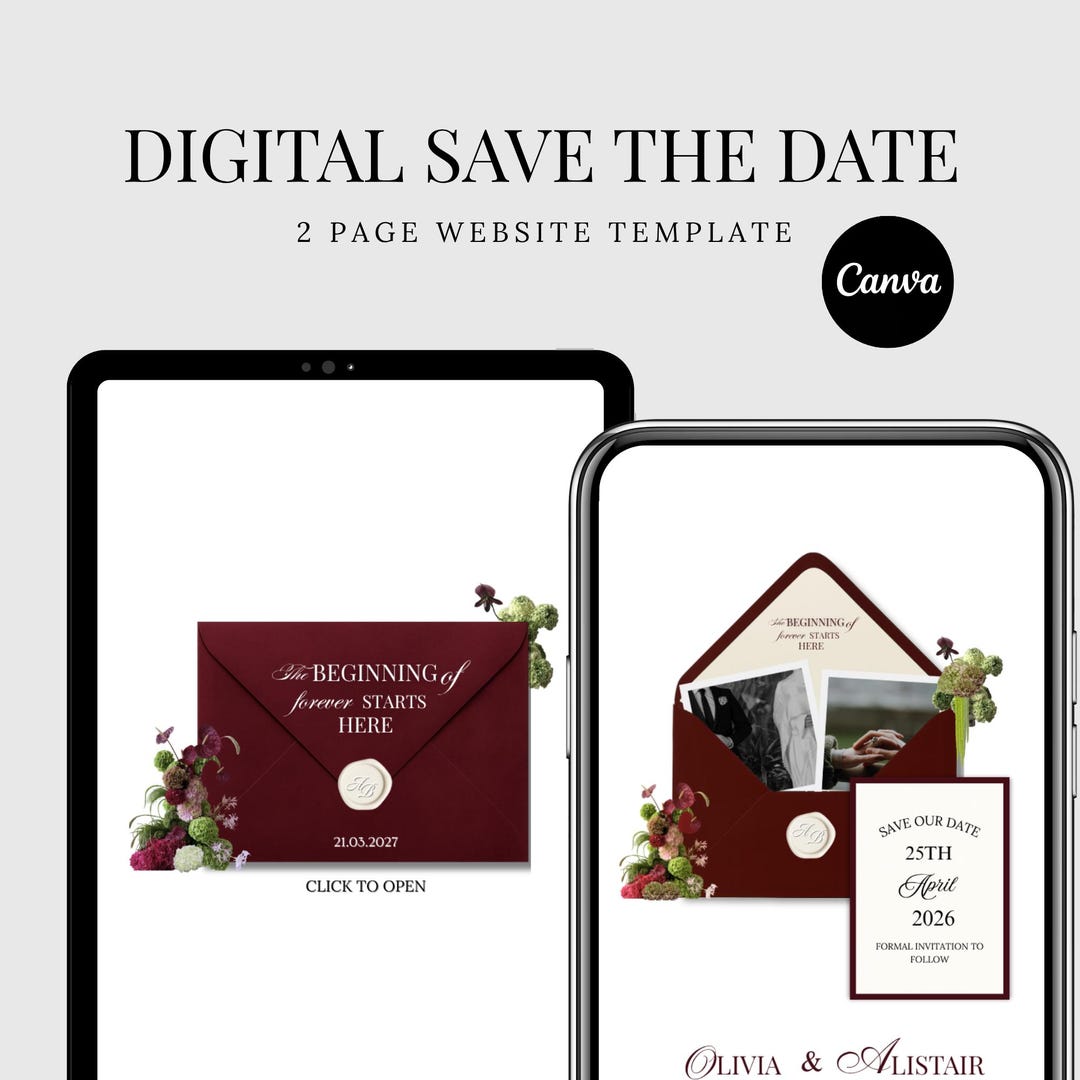 Burgundy Floral Save the Date Website. Digital Envelope Wedding ...