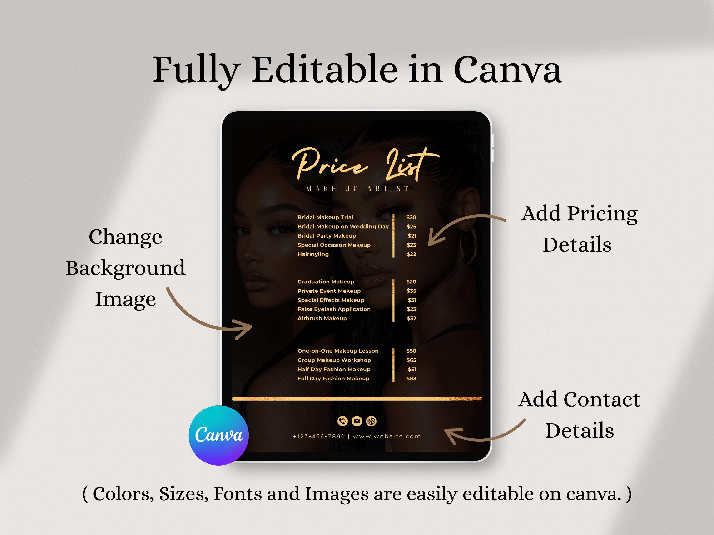 Makeup Artist Price List Template Aesthetic Salon & Beauty Pricing ...