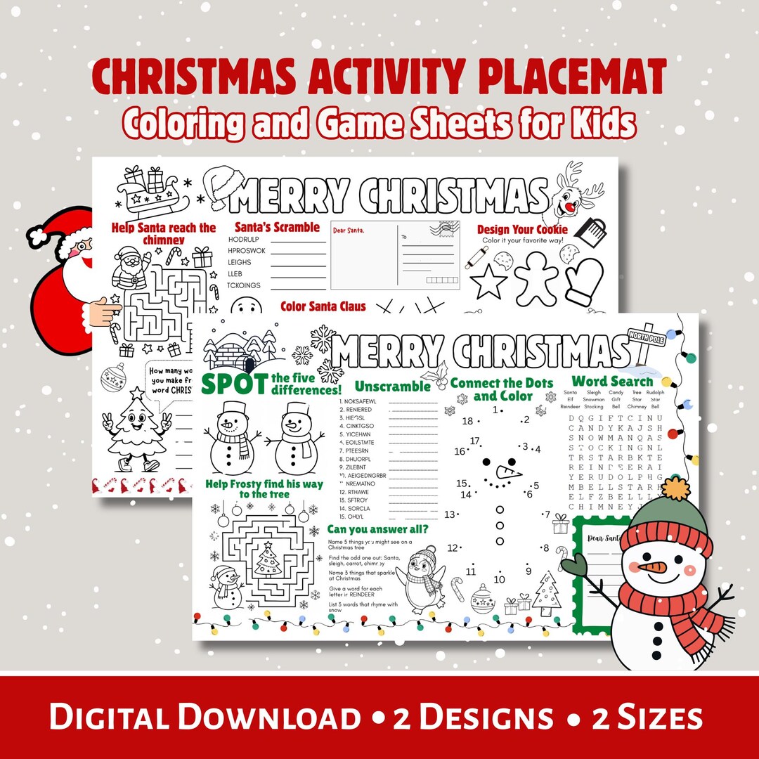 Christmas Placemat for Kids | Printable Holiday Activity Sheets & Games ...