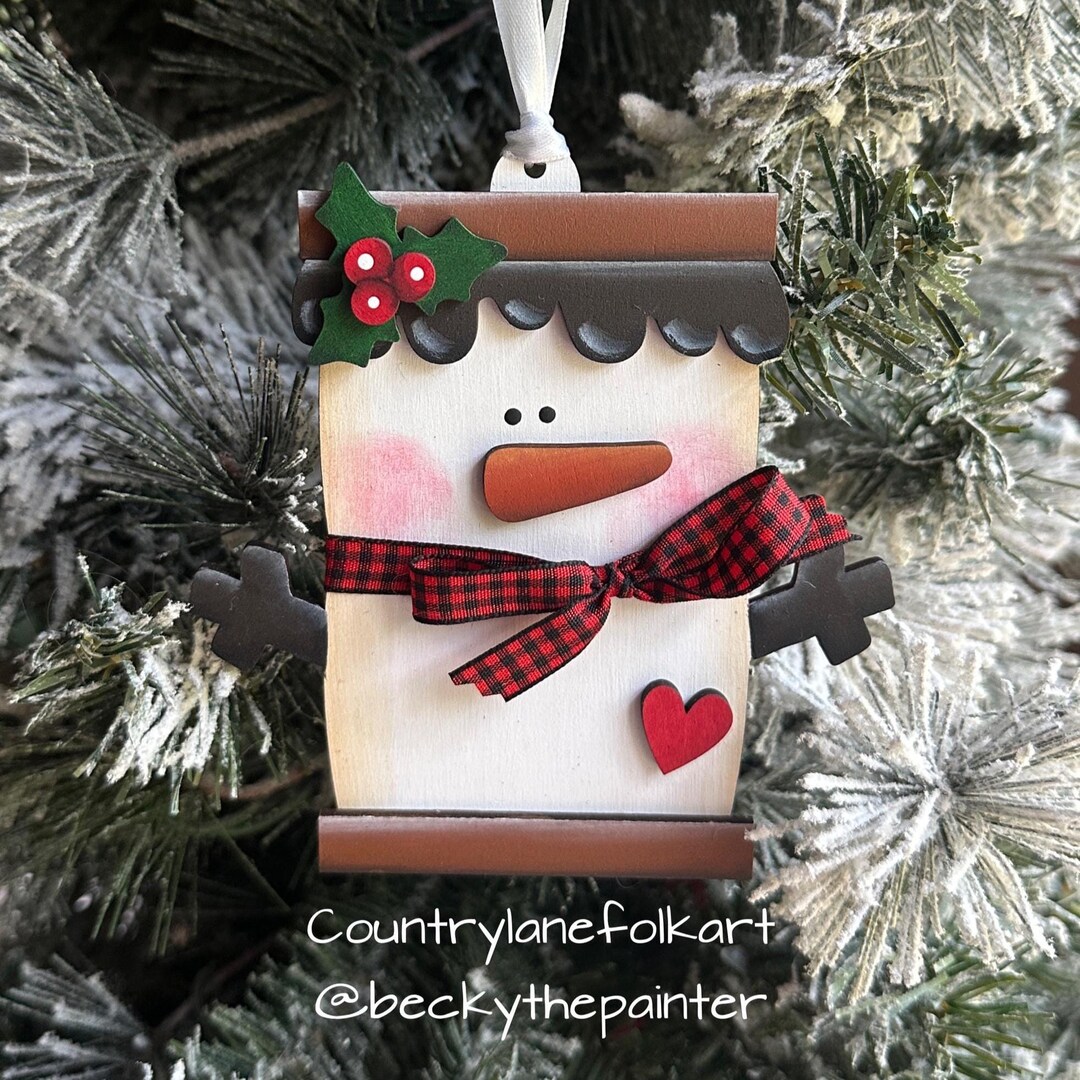 Hand Painted Snowman Smores Ornament, Rustic Wooden Christmas Tree ...