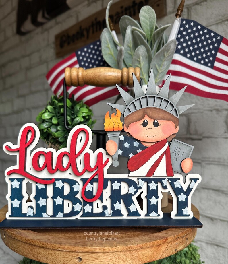 Hand Painted Lady Liberty Wood Mini Sign, Patriotic Tiered Tray Decor ...
