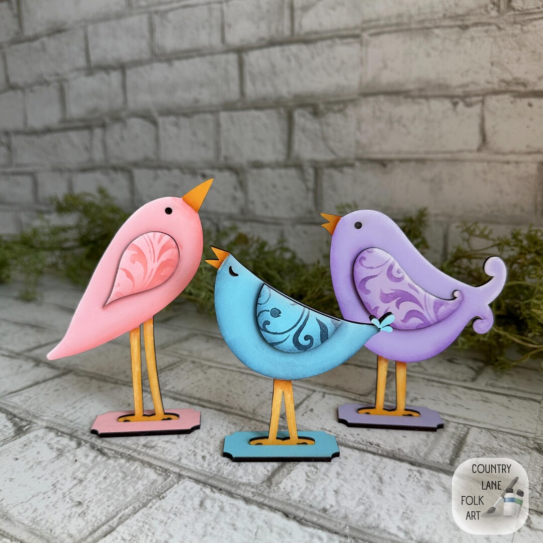 Colorful Set of Three Spring Mini Wood Birds, Tiered Tray Decor ...