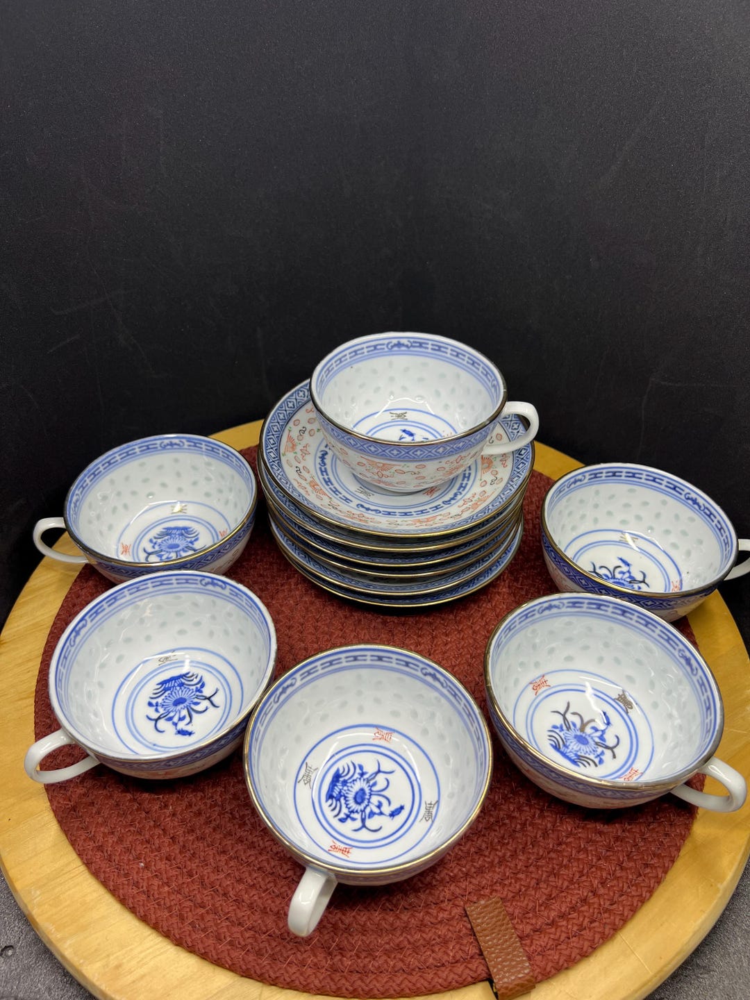 Set of 6 Chinese Blue White Rice Grain Teacups and Saucers Vintage ...