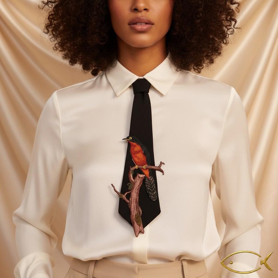 Embroidered Tie, Necktie for Women, Bird Pattern, Knot-free Tie ...