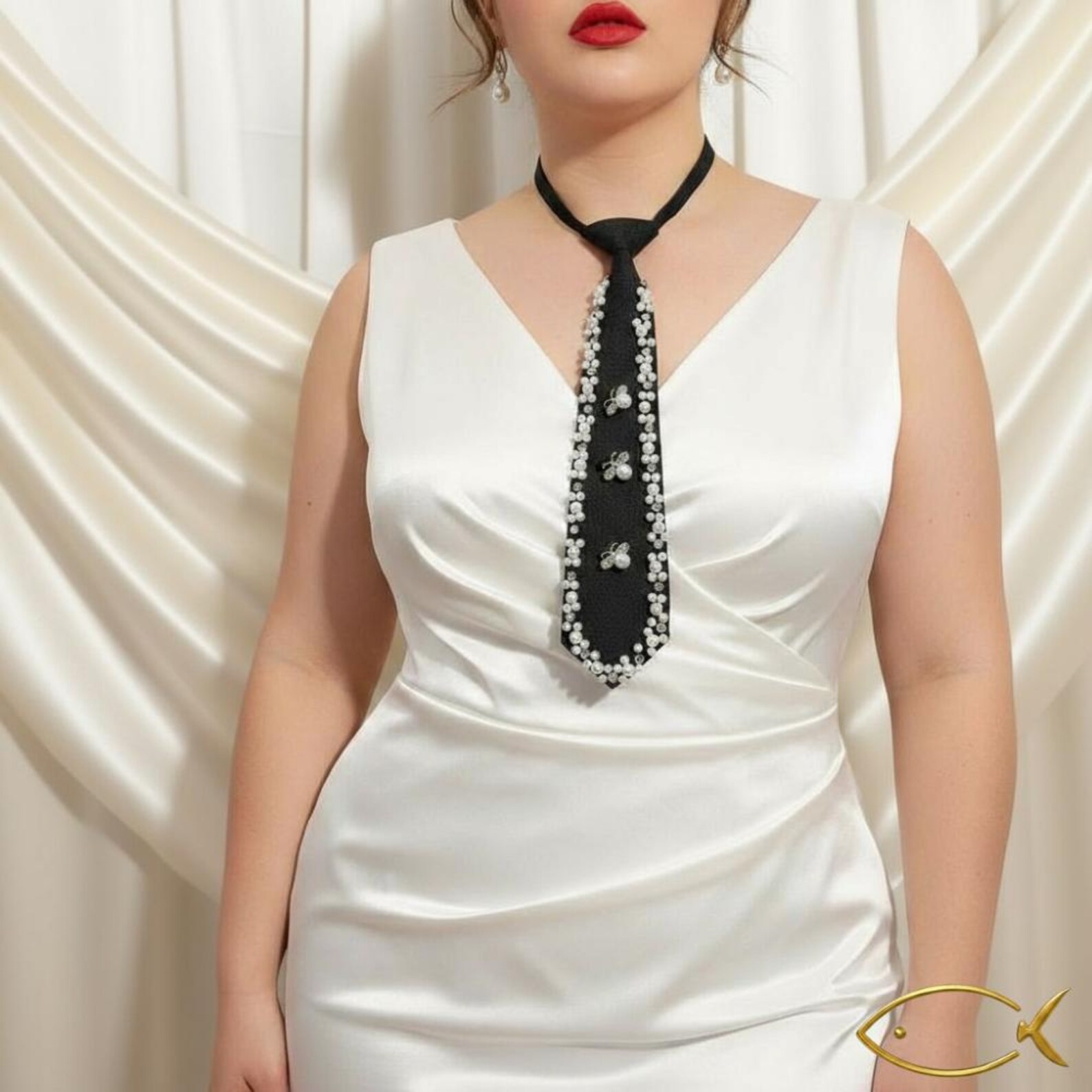 Pearl Necktie, Elegant Black Necktie, Tie for Women, Beaded Tie, Unique ...