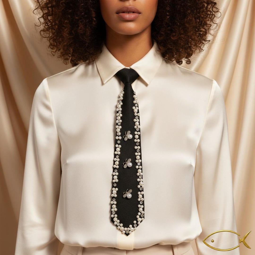 Pearl Necktie, Elegant Black Necktie, Tie for Women, Beaded Tie, Unique ...