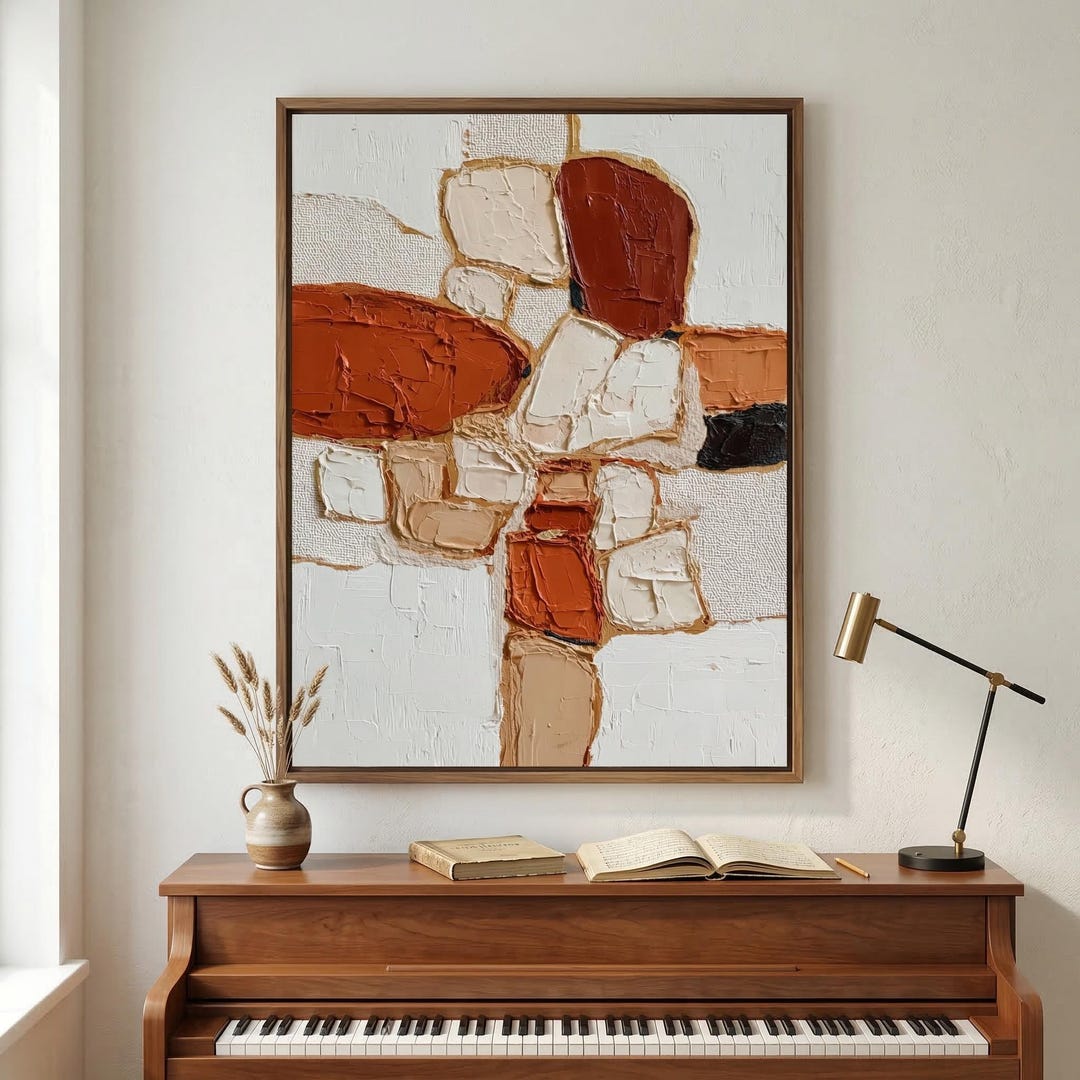 Terracotta Rust Block Wall Art, Heavy Texture Abstract Canvas, Gold ...