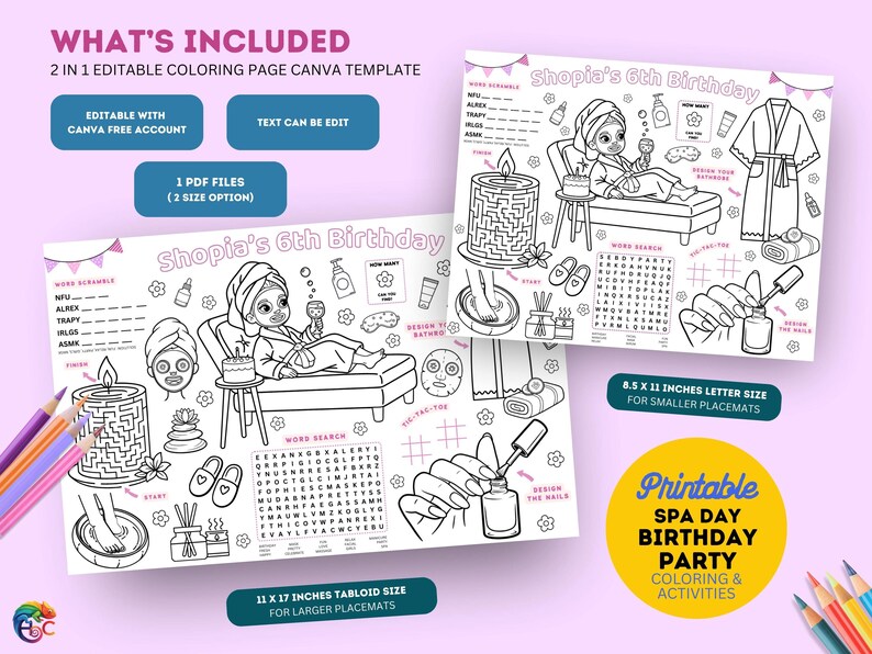 Editable Spa Birthday Coloring Placemat : Pamper Party Kids Activity ...