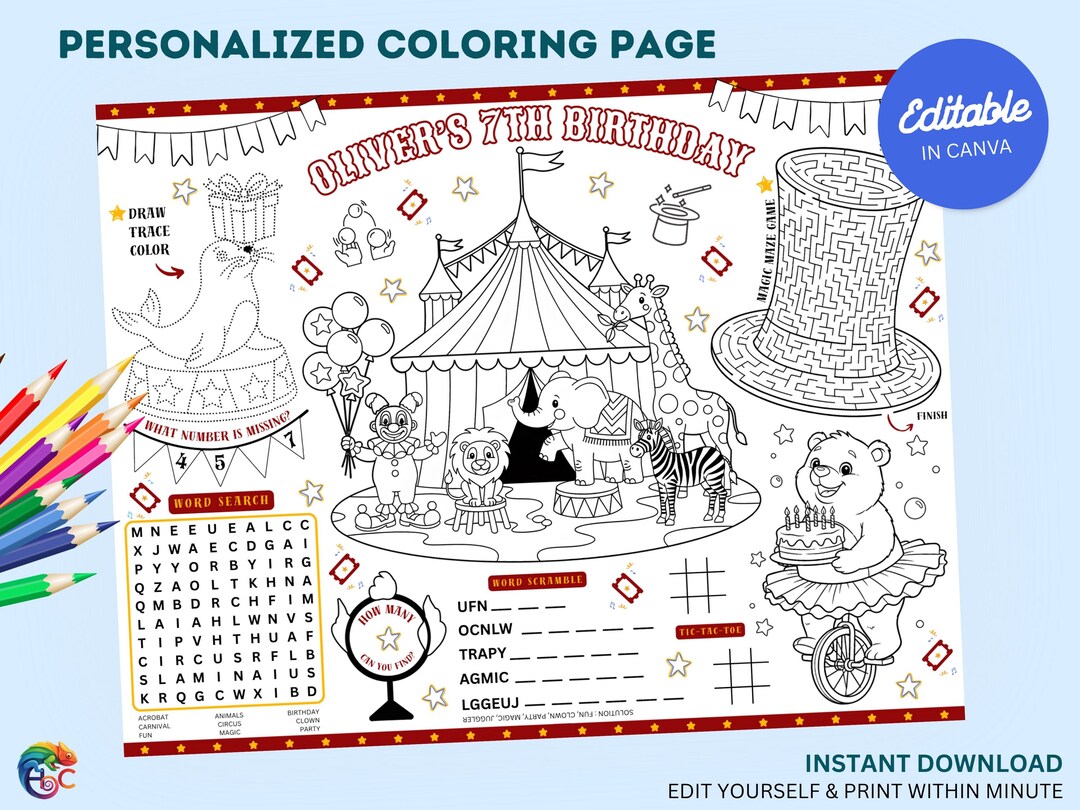 Editable Circus Birthday Coloring Placemat : Carnival Kids Activity ...